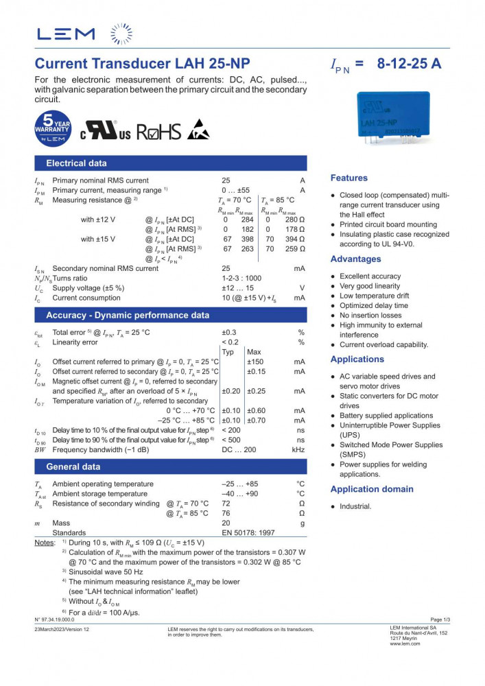 LEM LAH25-NP datasheet page 1