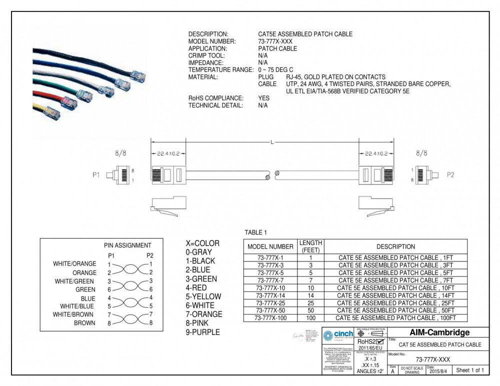 73-777X-XXX CAT5E assembled patch cable drawing