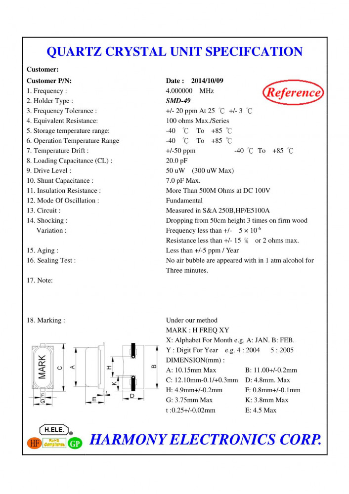 HELE XSA004000DK1HA-OX quartz crystal specification document