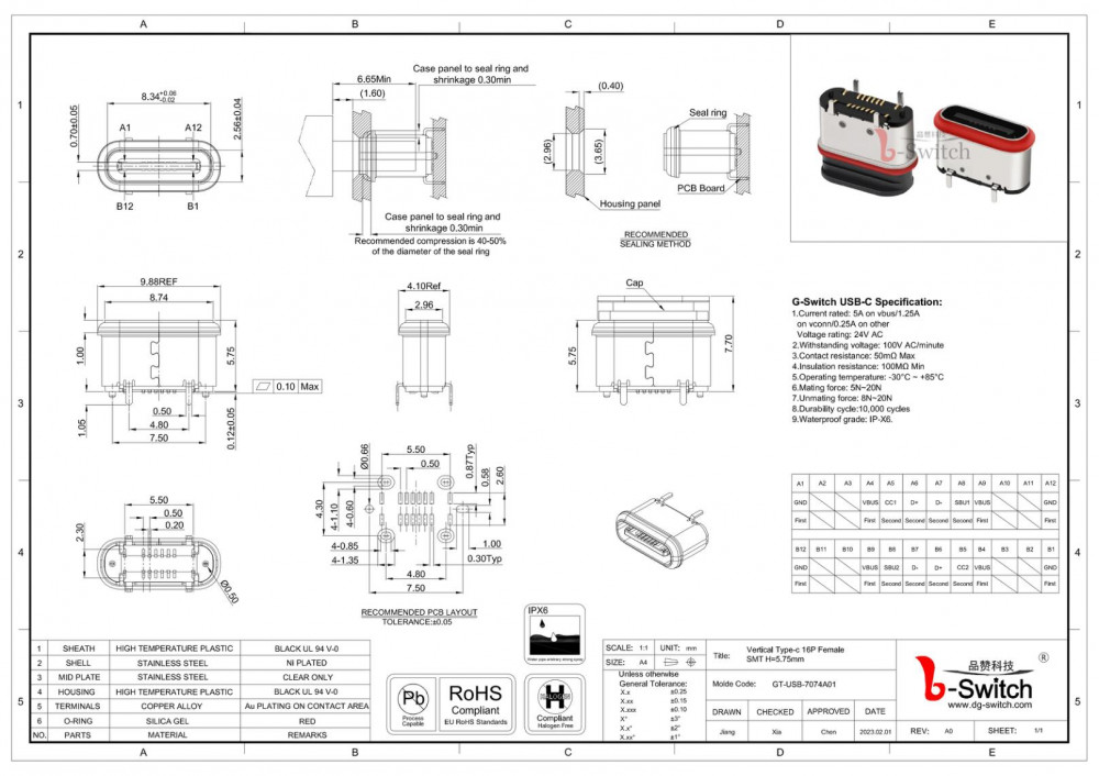 GT-USB-7074A01 official mechanical drawing
