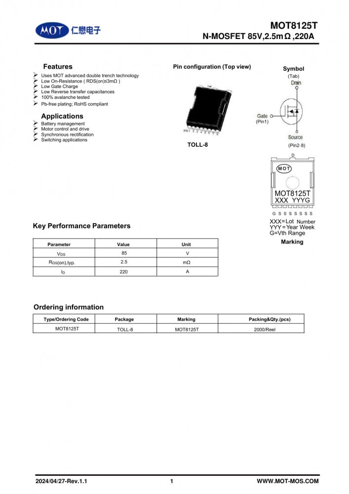 MOT8125T datasheet page 1