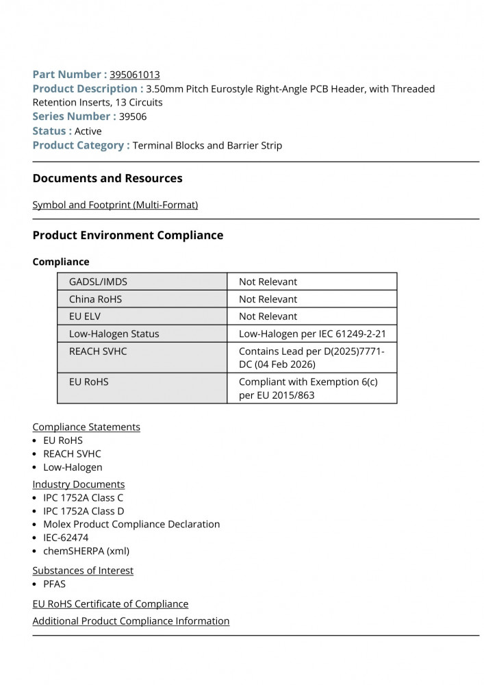 Technical document page 1 for MOLEX 395061013