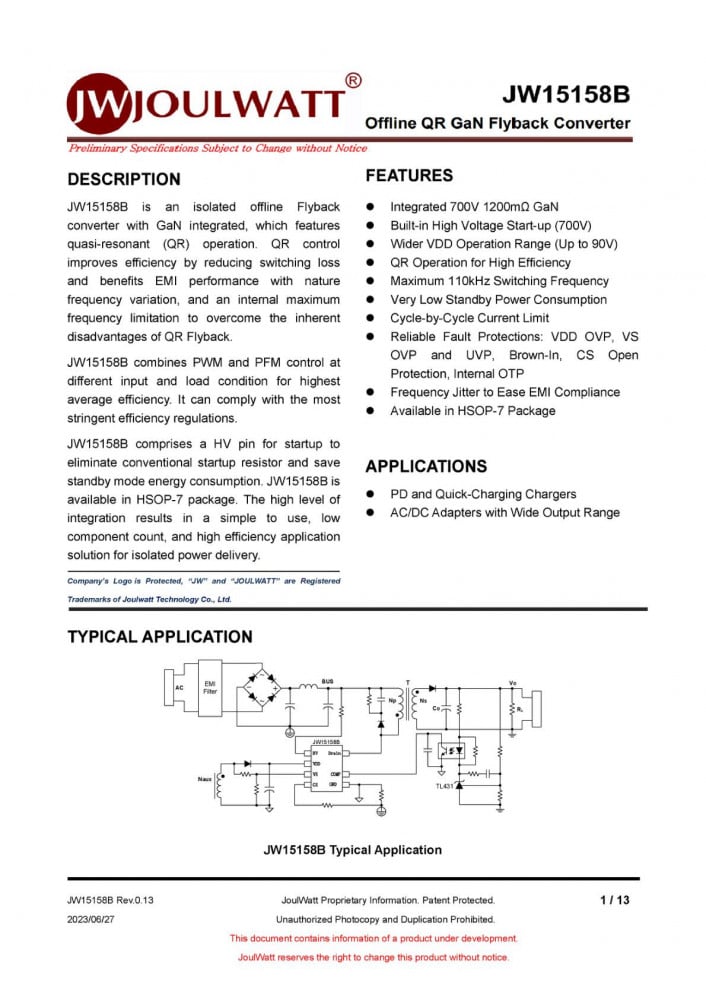 JW15158B datasheet page 1