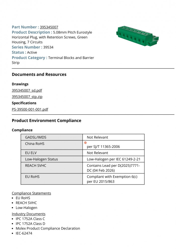 ESE Eurostyle terminal blocks product specification page 1