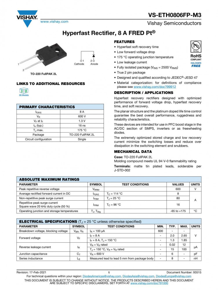 VS-ETH0806FP-M3 datasheet page 1