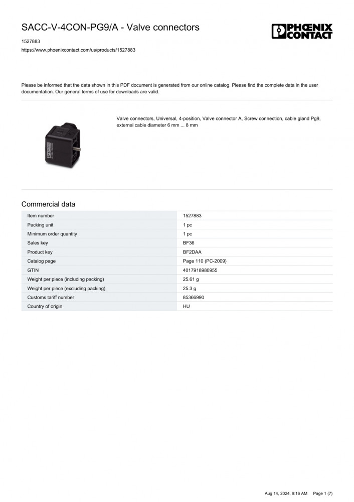 Phoenix Contact 1527883 documentation page 1