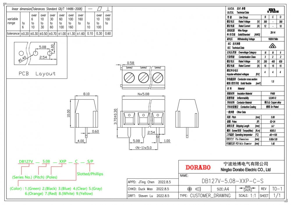 DORABO DB127V-5.08 series technical drawing