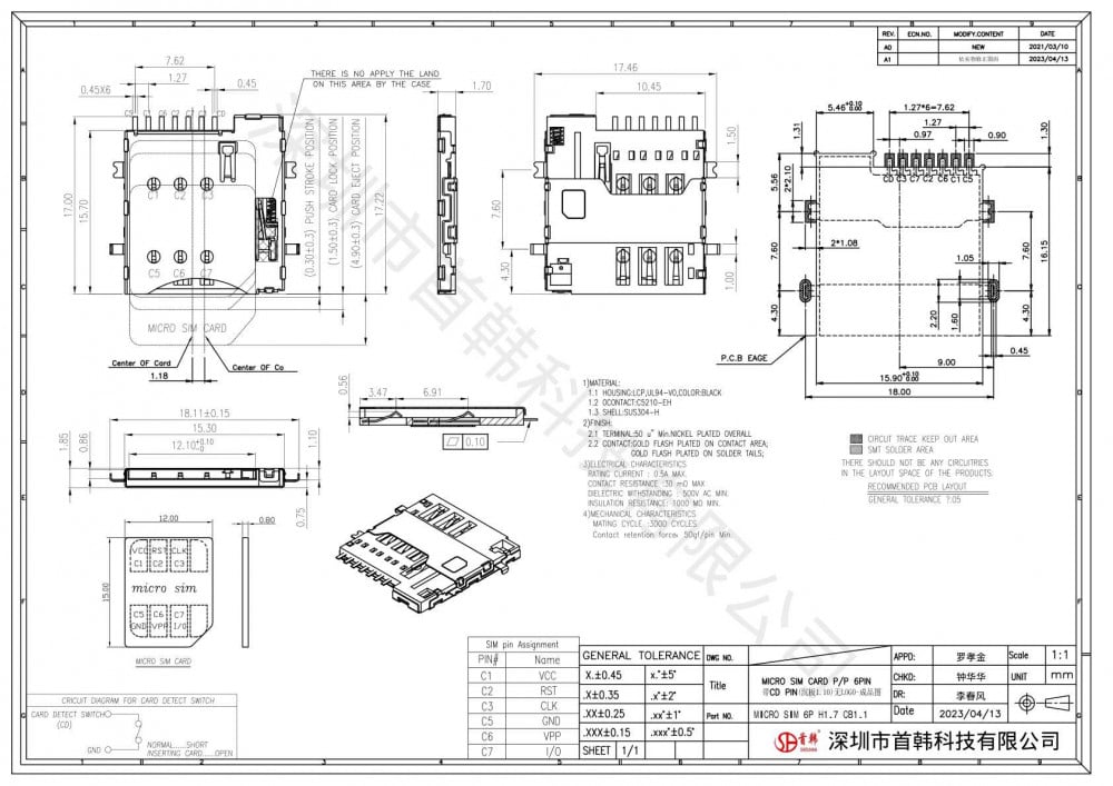 MICRO SIM 6P H1.7 CB1.1 technical document page 1