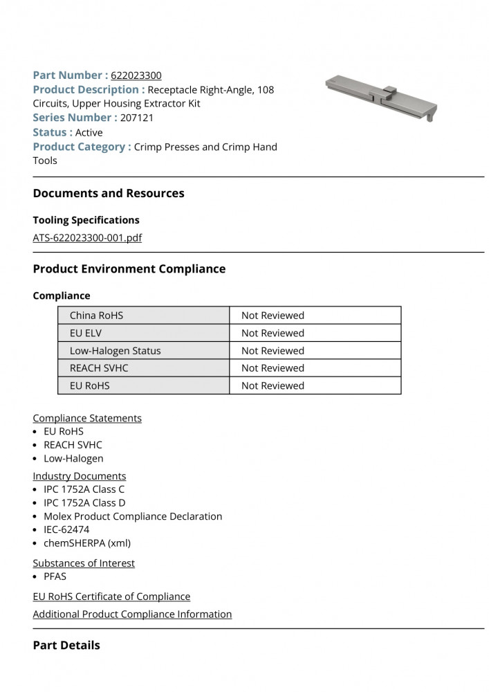 Tooling document page 1 for MOLEX 622023300