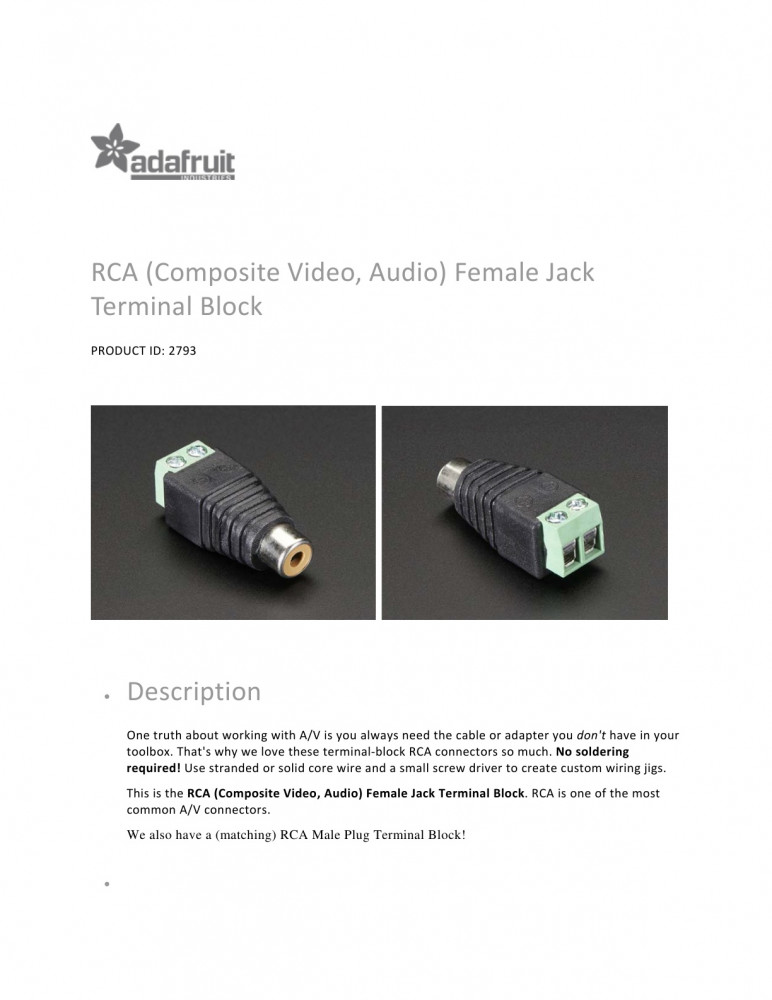 Adafruit 2793 RCA female jack terminal block technical image 1
