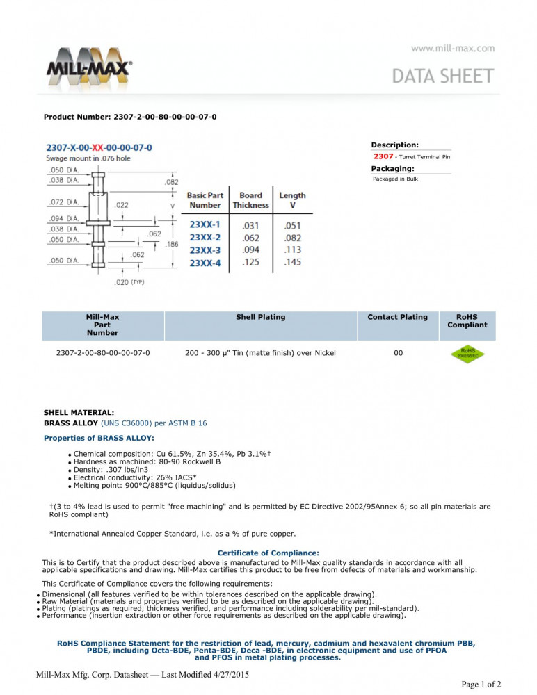 Mill-Max 2307 series technical drawing page 1