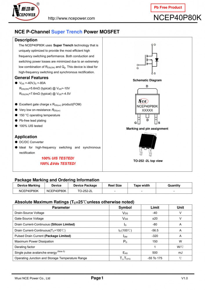 NCEP40P80K datasheet page 1