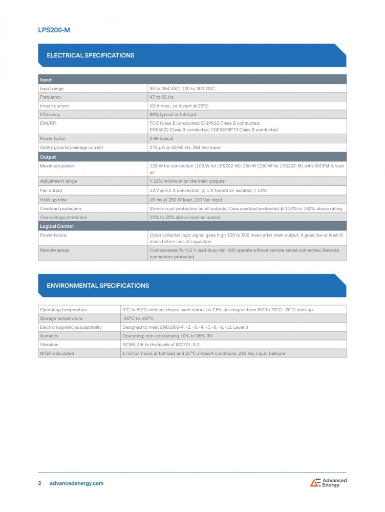 Artesyn LPS200-M series datasheet page 2