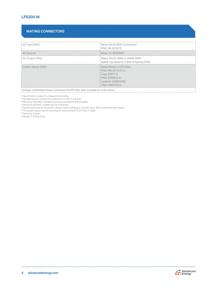 Artesyn LPS200-M series datasheet page 4