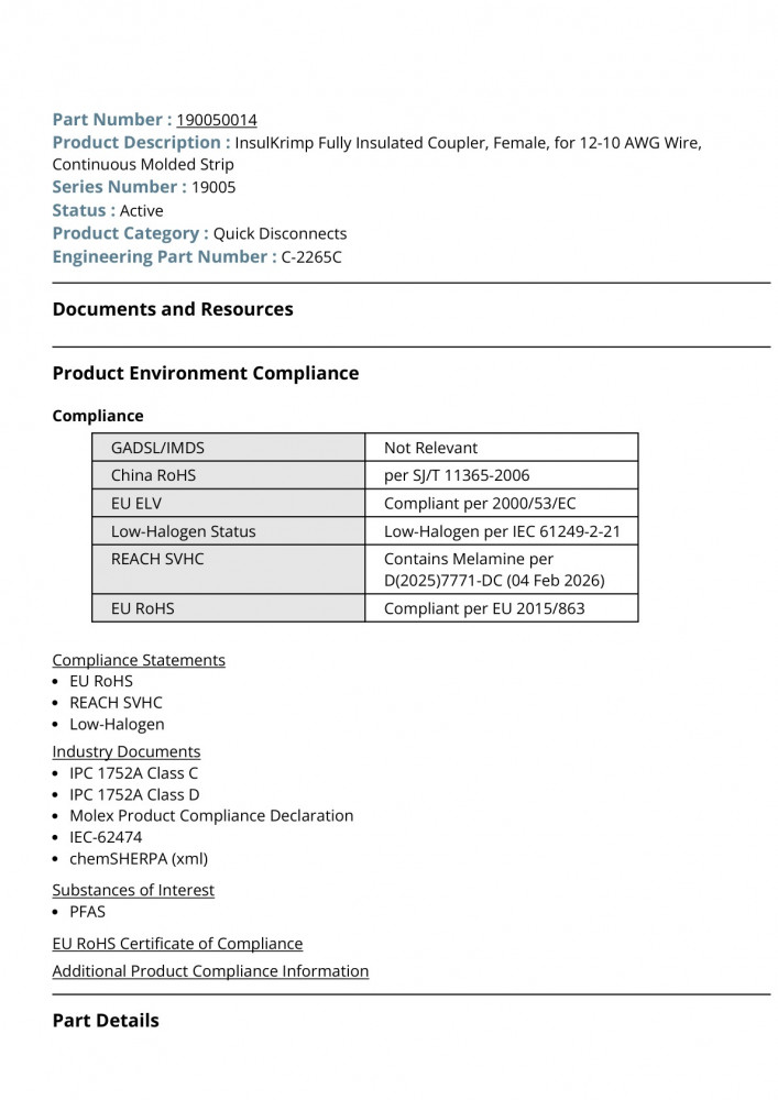 Technical document page 1 for MOLEX 190050014