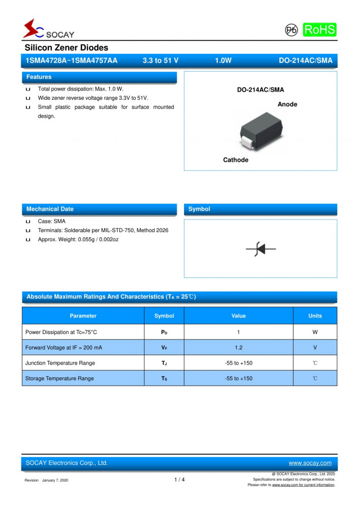 1SMA4739A datasheet image, page 1