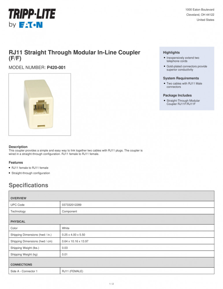EATON Tripp Lite P420-001 technical document page 1