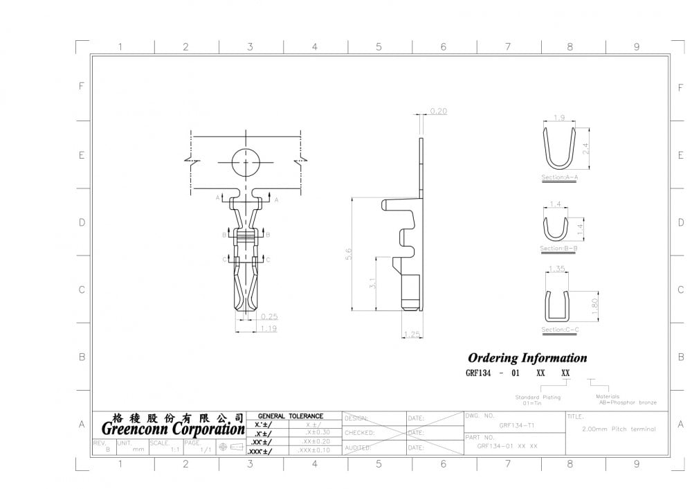 GREENCONN GRF134-T1 2.00 mm pitch terminal drawing