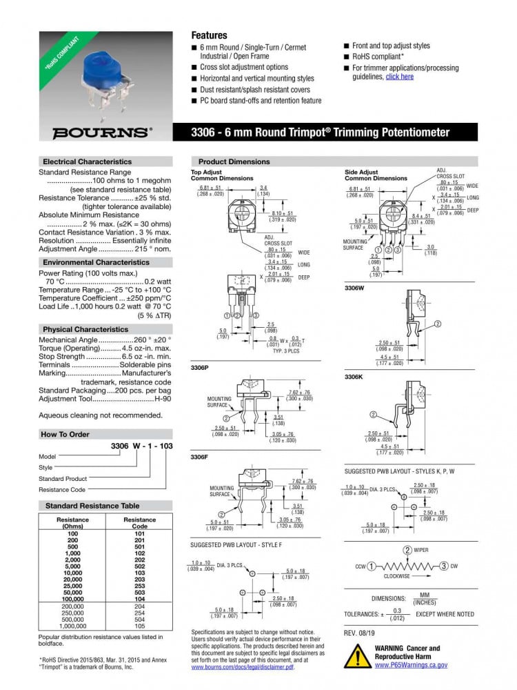 BOURNS 3306 series datasheet page 1