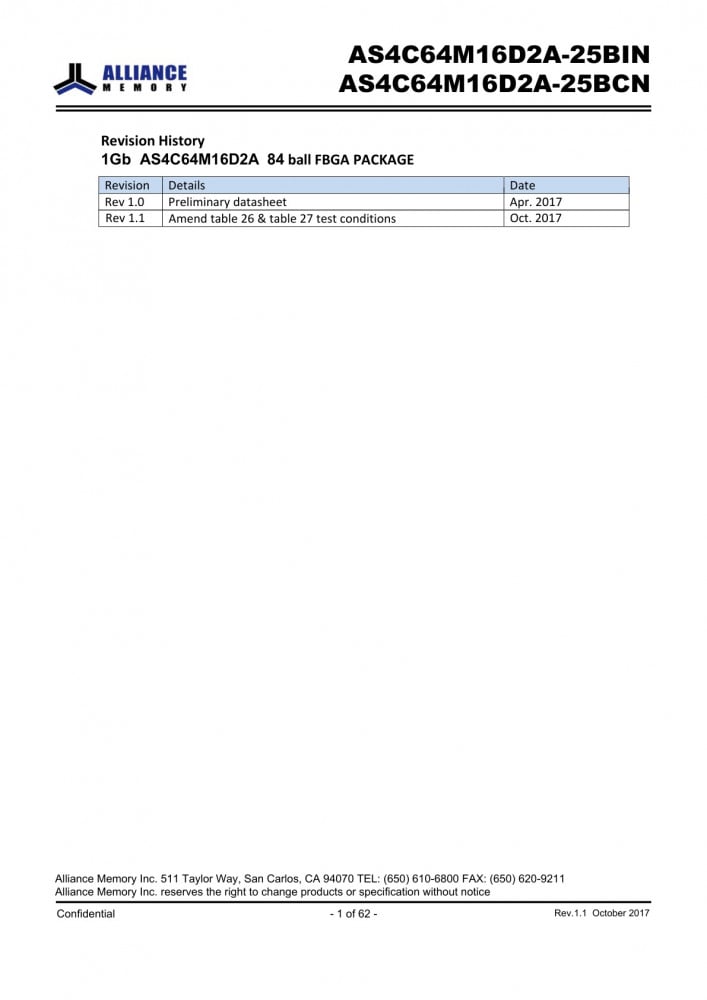 AS4C64M16D2A datasheet page 1