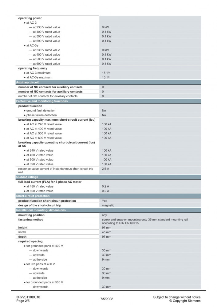 SIEMENS 3RV23110BC10 datasheet page 2