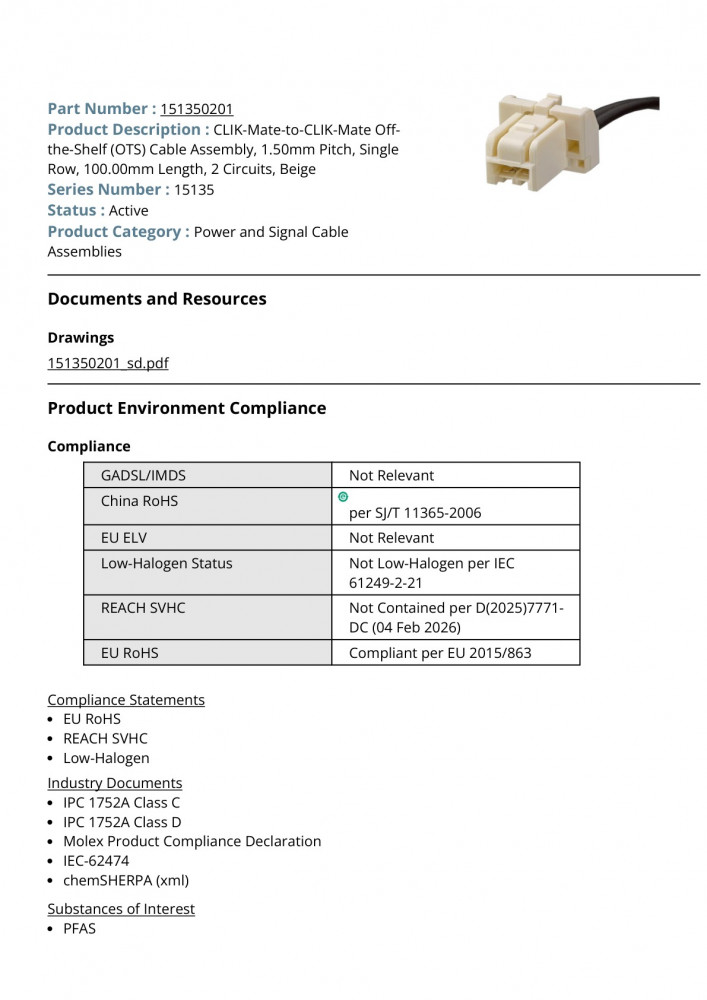 MOLEX 151350201 product drawing, page 1
