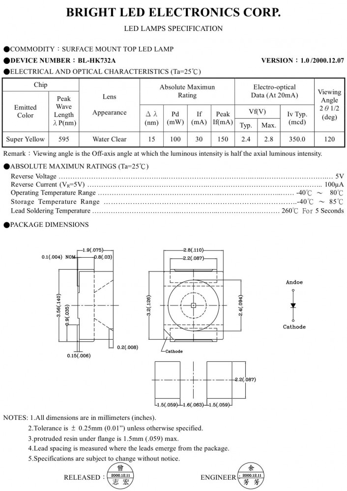 BL-HK732A LED lamp specification document, page 1