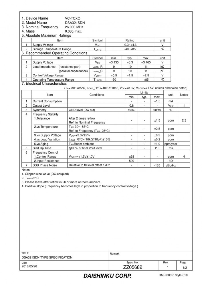 1XTV26000PEA technical specification page 1