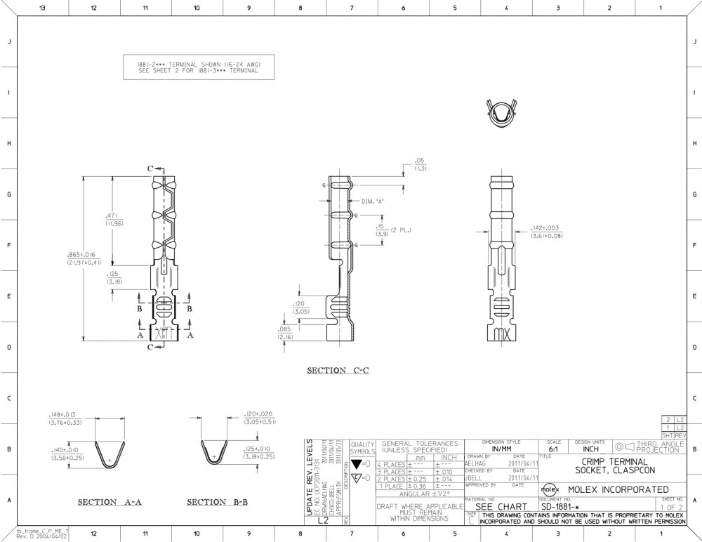 CLASPCON crimp terminal drawing, sheet 1; 1881-2 terminal shown for 16–24 AWG