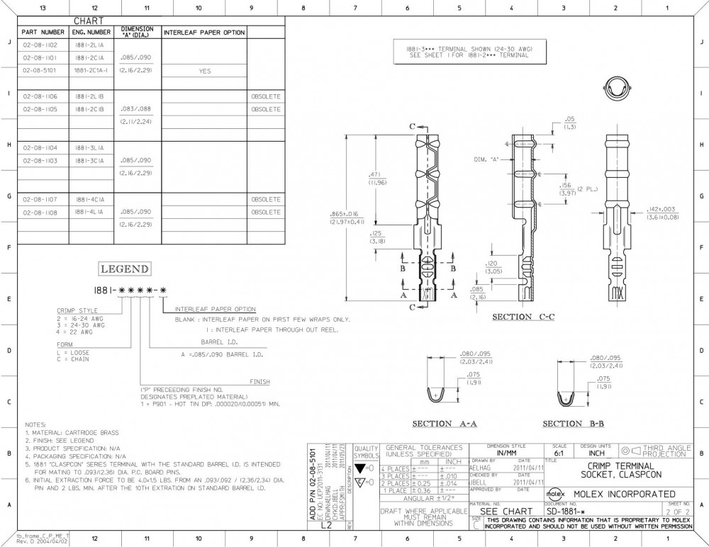 CLASPCON crimp terminal drawing, sheet 2; 1881-3 terminal shown for 24–30 AWG
