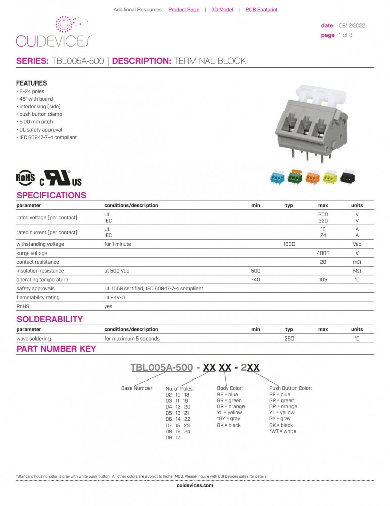 CUI TBL005A-500-18GY-2WT datasheet page 1