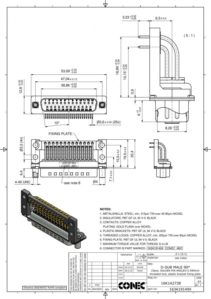 CONEC 163A19149X mechanical drawing, assembly and material notes