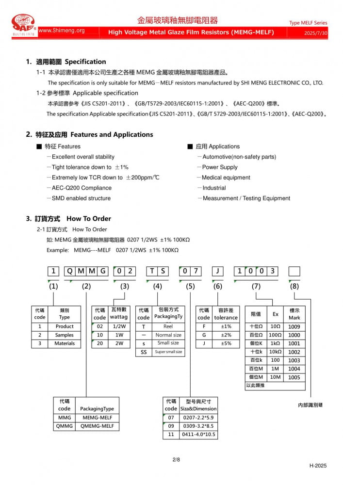 SAE MEMG MELF resistor datasheet page 2