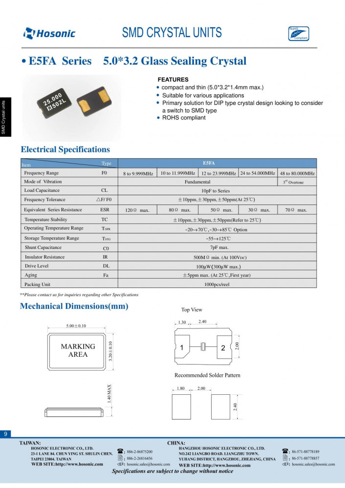 HOSONIC E5FA series technical document page