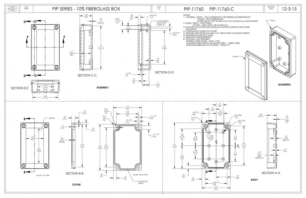 Bud Industries PIP-11760 enclosure technical drawing