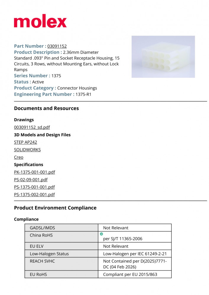 MOLEX .093 Standard Pin Terminals document page 1