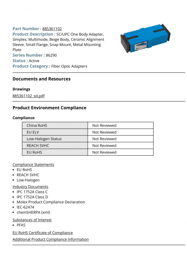 MOLEX 885361102 product drawing preview, page 1