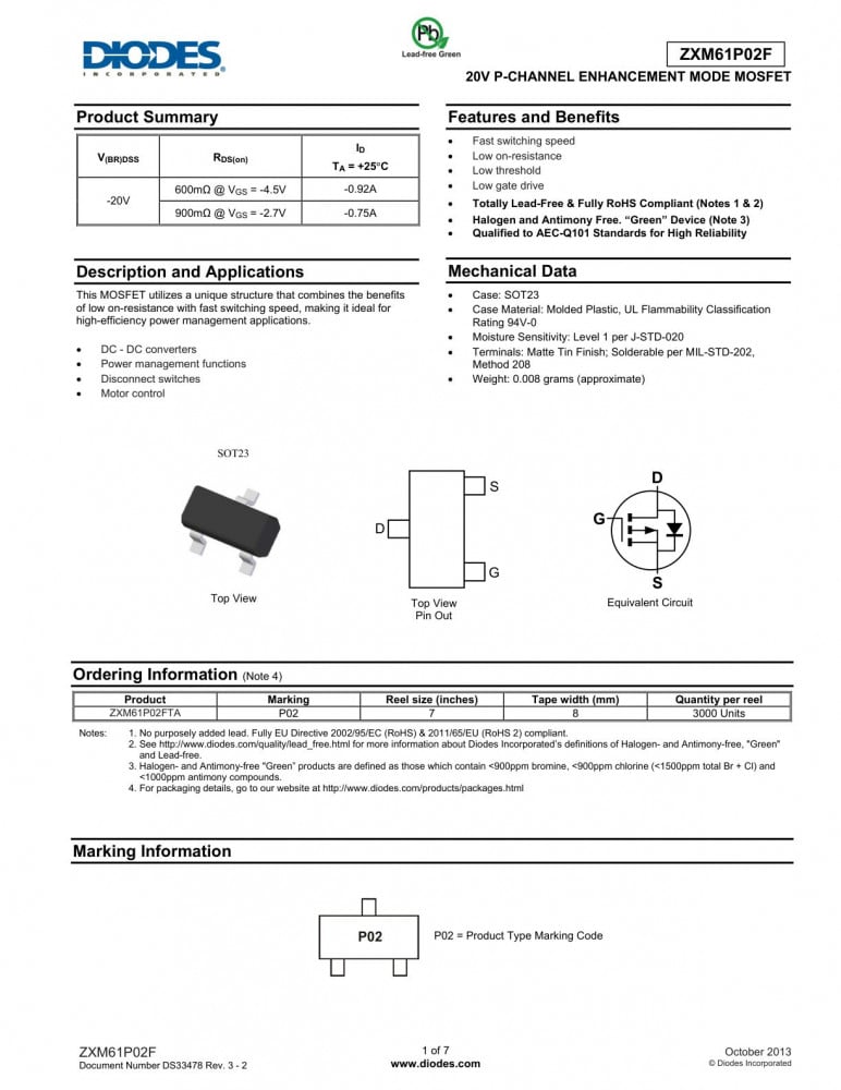 ZXM61P02FTA datasheet page 1