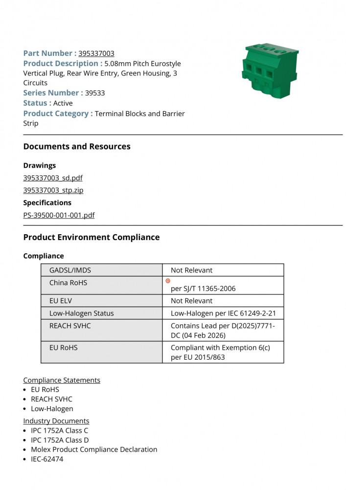 Technical document page 1 for the ESE Eurostyle terminal block specification