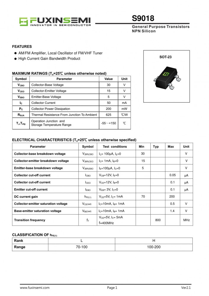 S9018 datasheet page 1