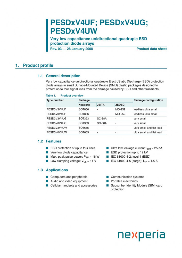 PESD5V0V4UW datasheet page 1