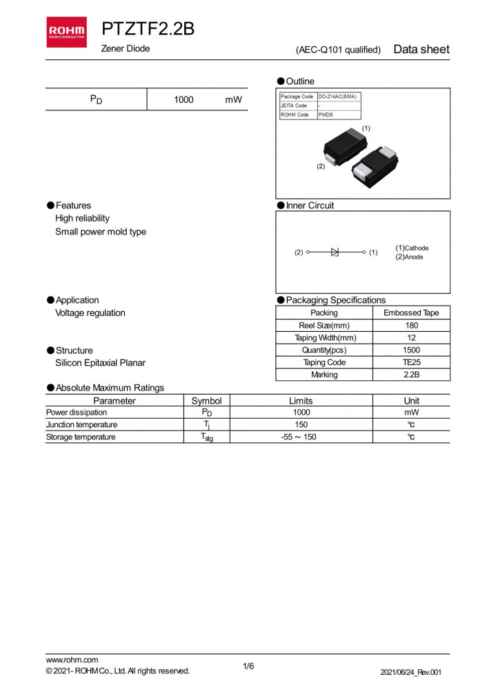 ROHM PTZTFTE252.2B datasheet page 1