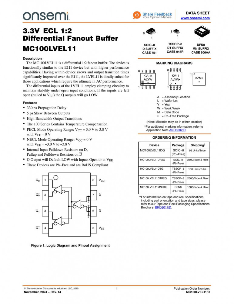 MC100LVEL11 datasheet page 1