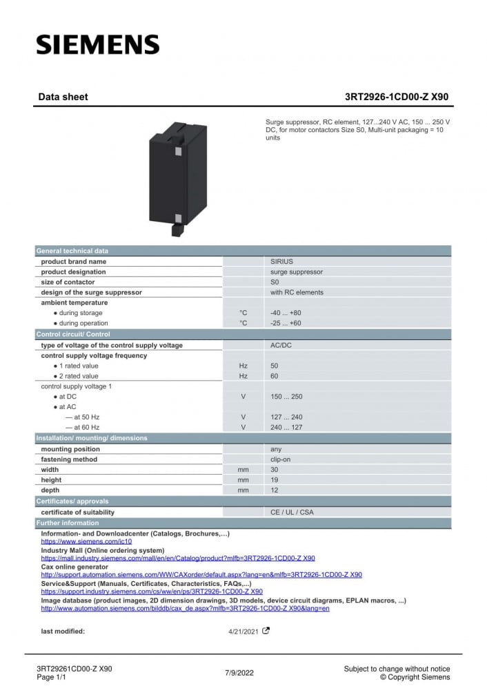 SIEMENS SIRIUS surge suppressor datasheet page