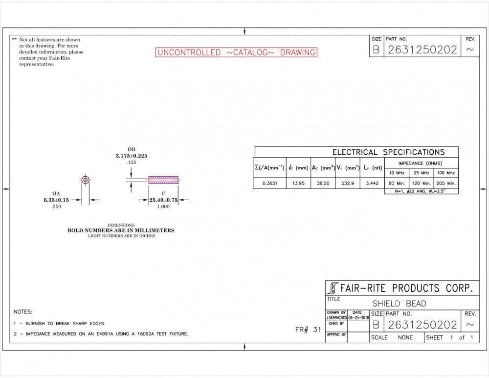 Fair-Rite 2631250202 technical document preview