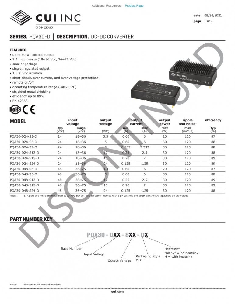 CUI PQA30-D series datasheet page 1