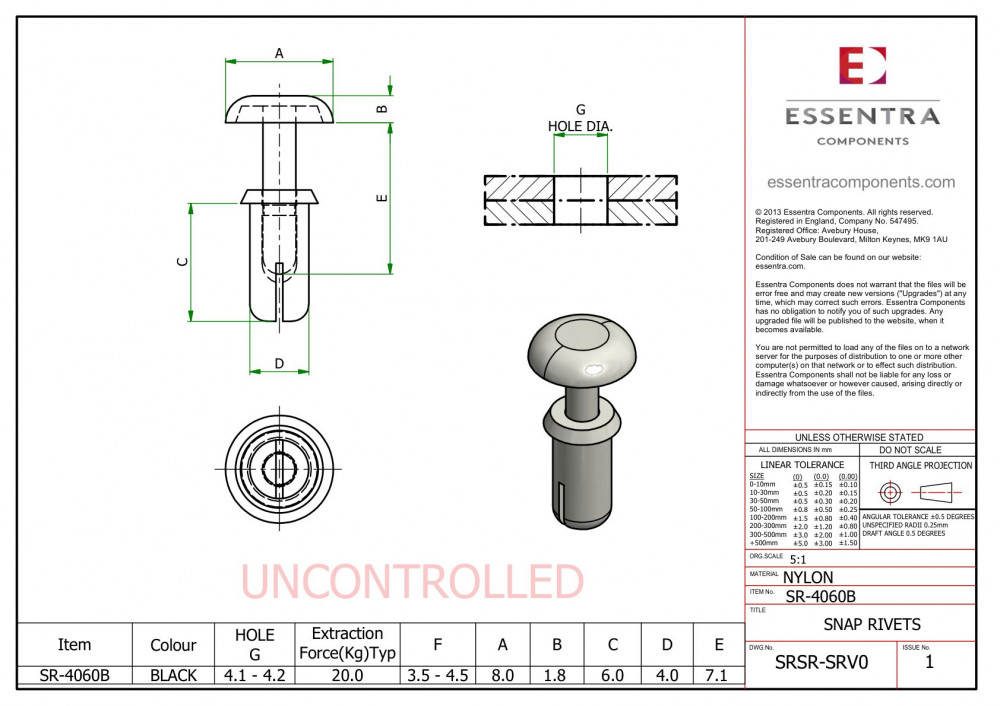 Essentra SR-4060B snap rivet technical drawing