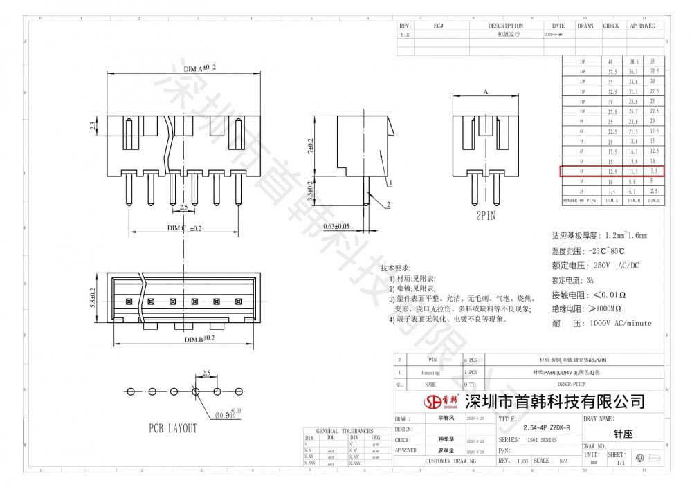 2.54-4P ZZDK-R specification page 1