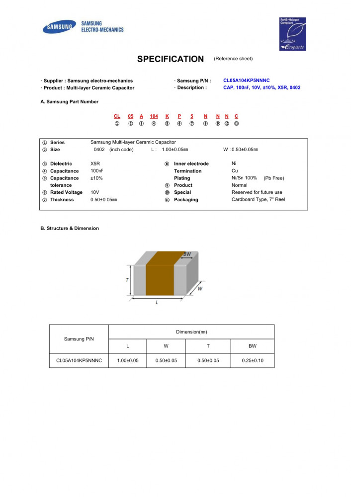 CL05A104KP5NNNC technical document page 1