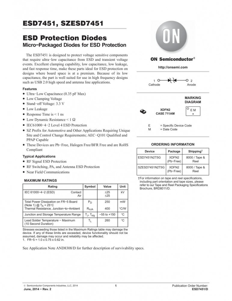 SZESD7451N2T5G datasheet page 1